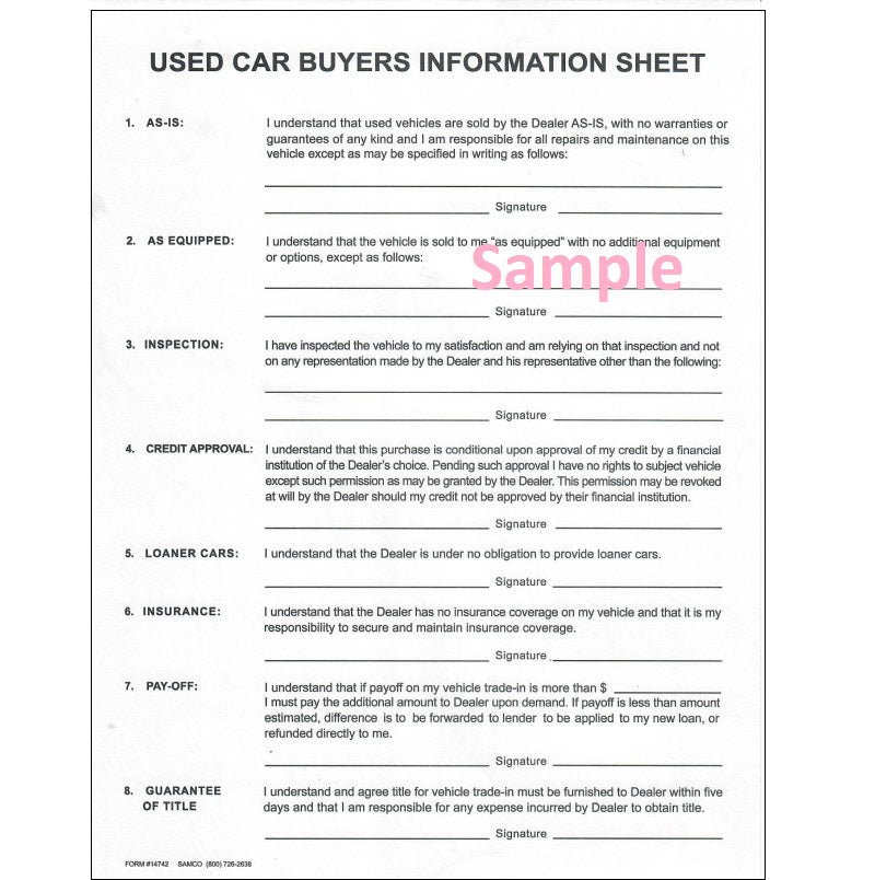 Used Car Information Sheet NCR Used Car Sales Invoice Book A4